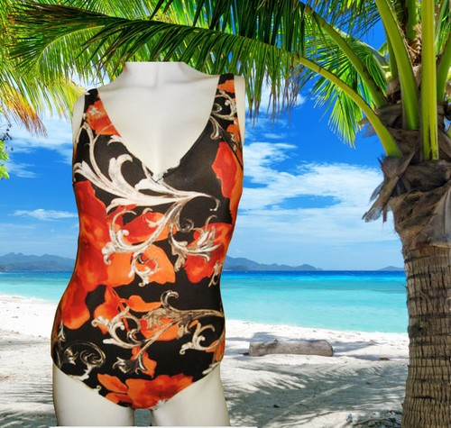 NEW BLUE by GOTTEX orange black FLORAL LOW BACK 1 pc BATHING SUIT ...