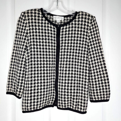 St John Collection Knit Houndstooth Sweater Jacket 8 Black Cream Zip Front *FLAW | eBay