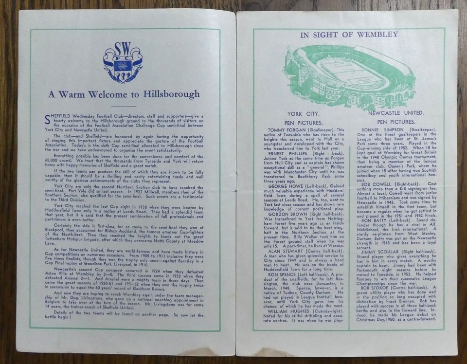 FA CUP SEMI FINAL FOOTBALL PROGRAMME YORK CITY v NEWCASTLE MARCH 1955 ...