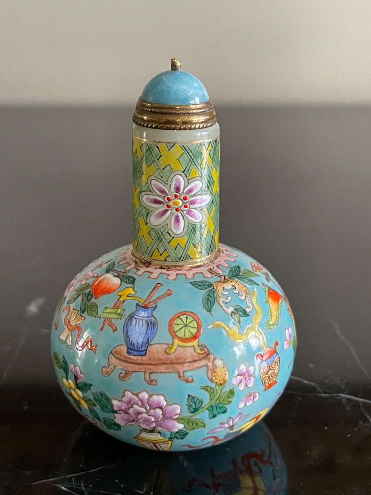 Vintage Chinese Aqua Ground Multicolor Hand Painted Peking Glass Bottle ...