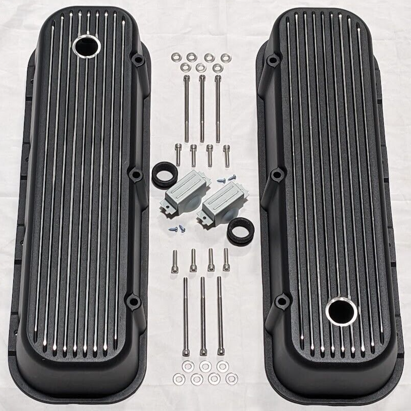 65-95 Chevy BBC 396 427 454 502 Finned Black Valve Covers + Breather ...