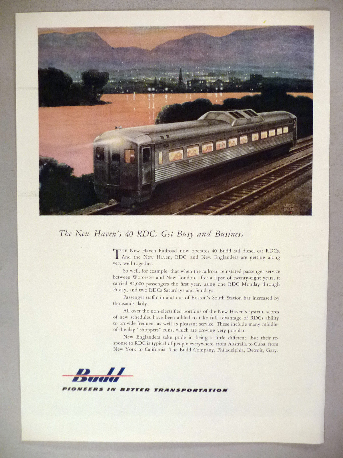 Budd Transportation PRINT AD - 1953 ~~ Leslie Ragan art, New Haven Rail ...