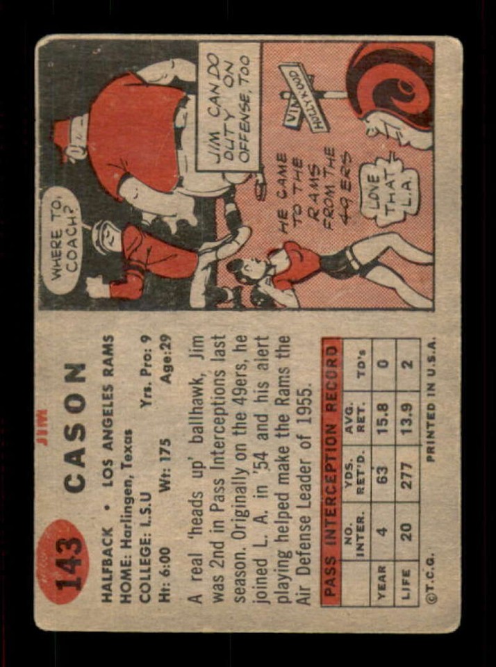 1957 Topps #143 Jim Cason G RC Rookie LA Rams DP 550084 | eBay
