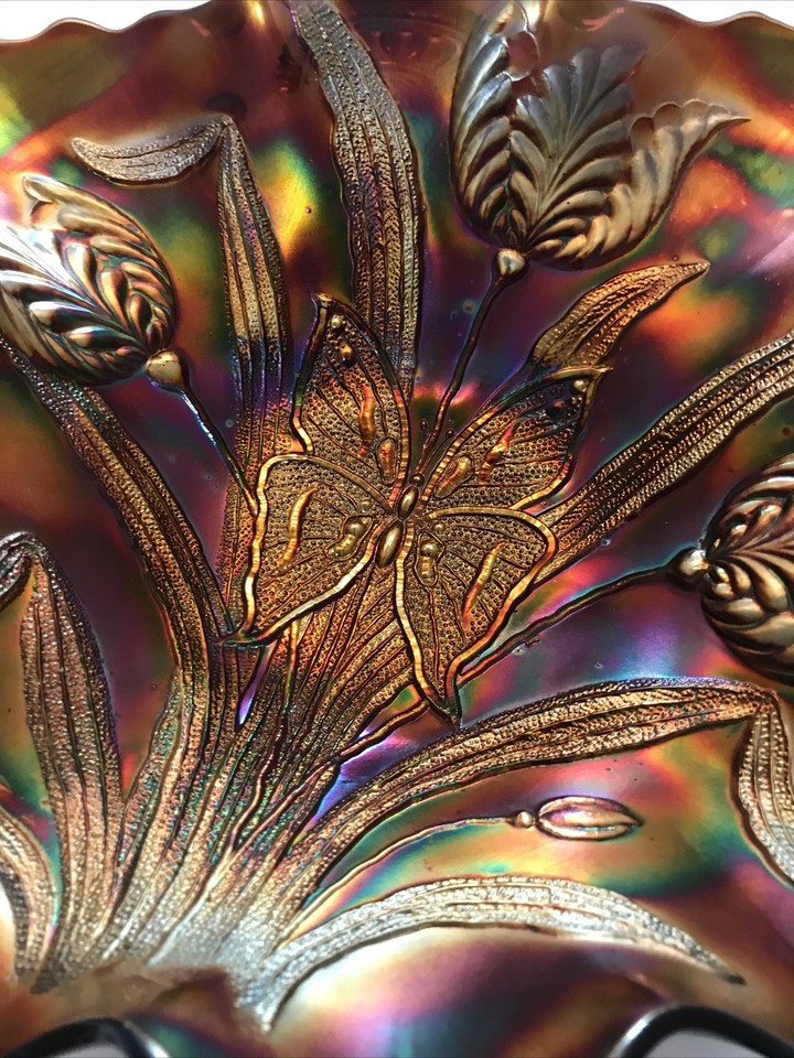 Dugan Amethyst Butterfly & Tulip Carnival Glass Square Ruffled Bowl | eBay