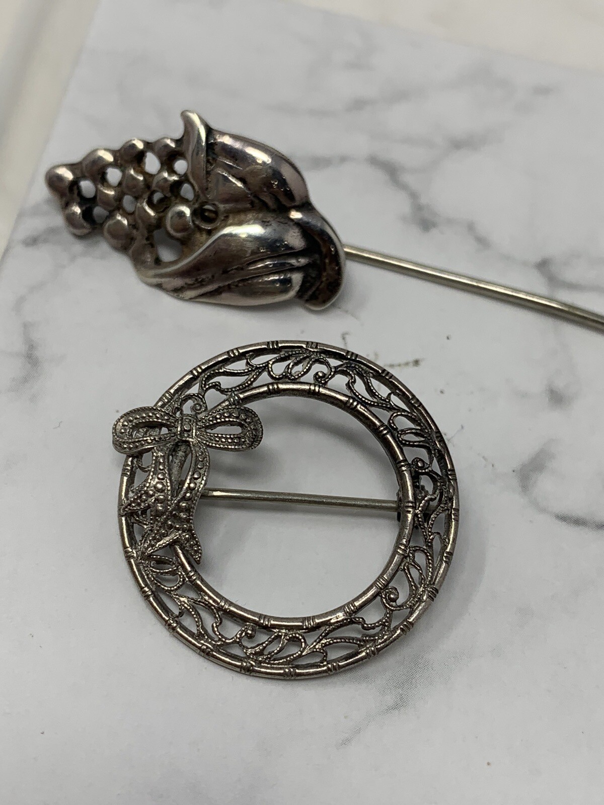 Antique Sterling Silver Wreath Brooch And Sterling Ar… - Gem