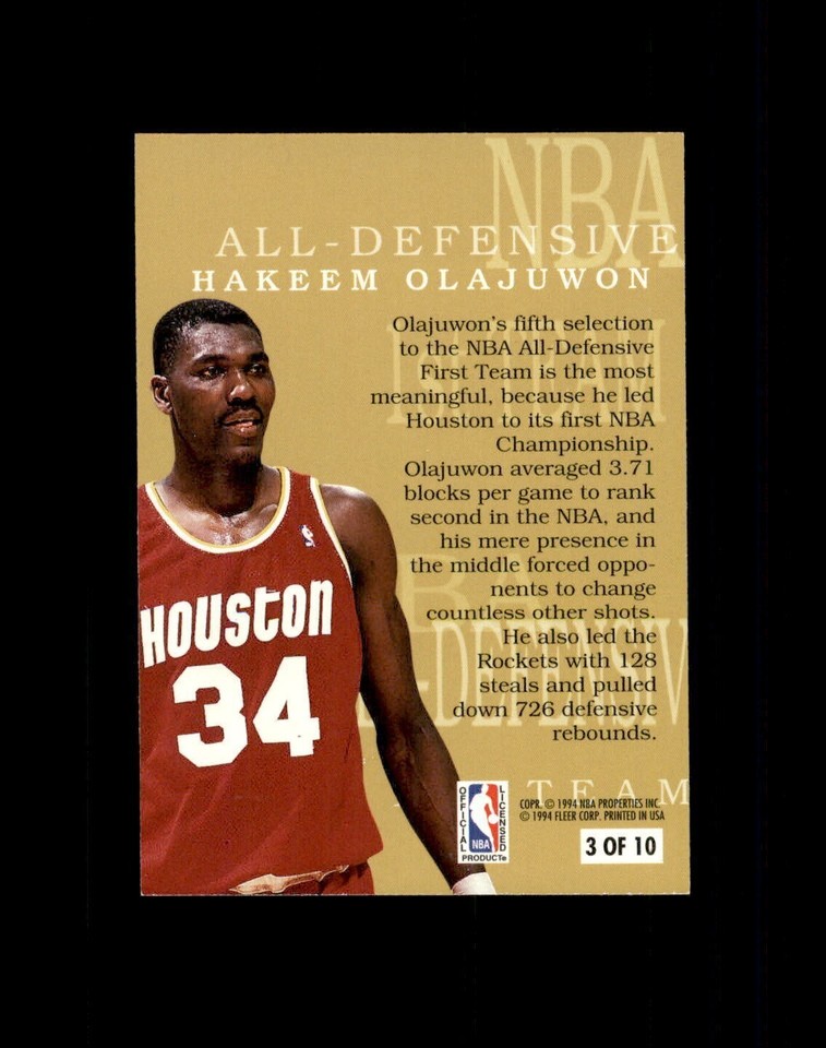 HAKEEM OLAJUWON CARD #3 of 10 All-Defensive Team 1994-95 Fleer Rockets ...