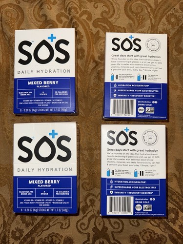Lot of 4 SOS Hydration Drink Mix 10 Count Each Mixed Berry Expires 03/ ...