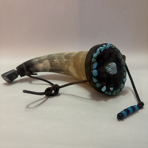 Antique POWDER HORN encrusted with TURQUOISE & ONYX Flask Muzzleloader ...