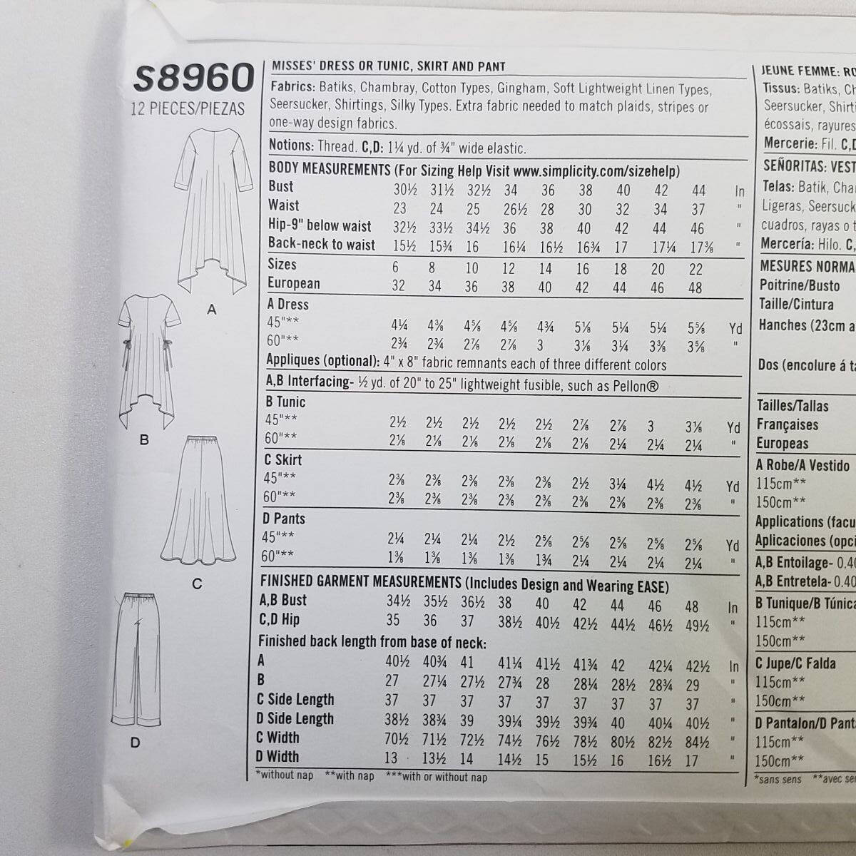 Simplicity 8960 Uncut Tunic Pant Skirt Pattern Handkerchief Lagenlook ...