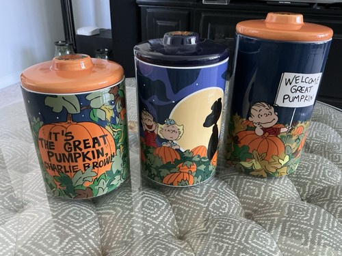 Set/3 Great Pumpkin Charlie Brown Snoopy Kitchen Canister w/Lid Cookie ...