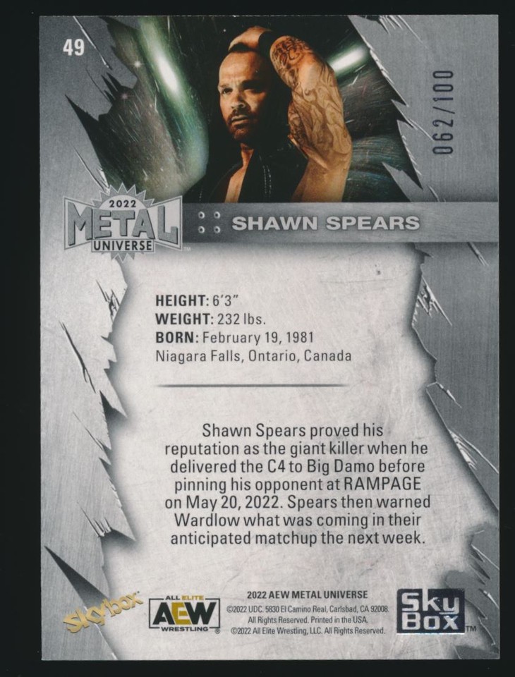 2022 SkyBox AEW Metal Red Precious Metal Gems PMG #49 Shawn Spears 062/ ...