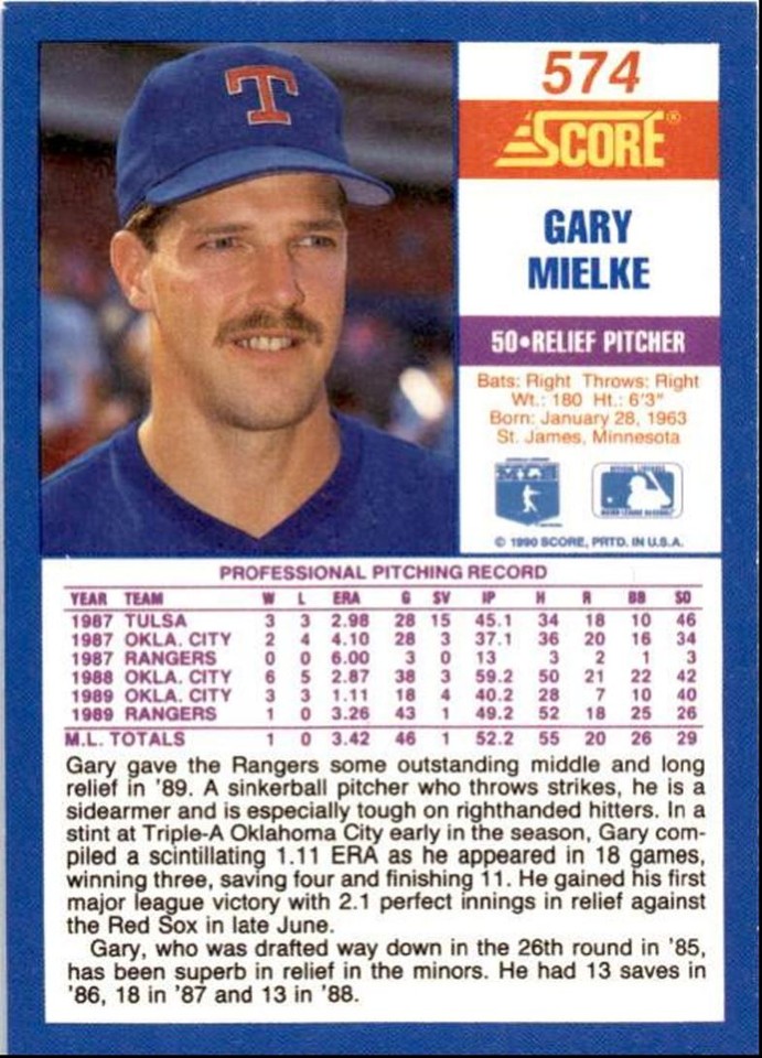 1990 Score Gary Mielke Rookie Texas Rangers #574 | eBay