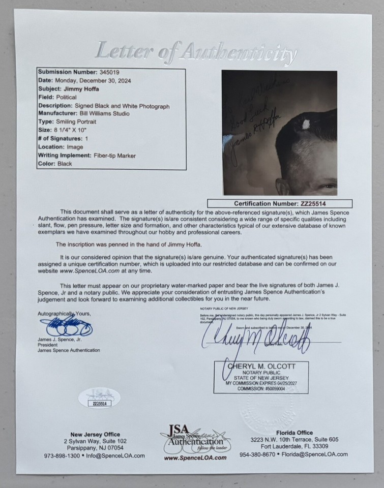 Jimmy Hoffa Signed Autographed 8x10 Photo JSA Letter Teamsters Mafia ...