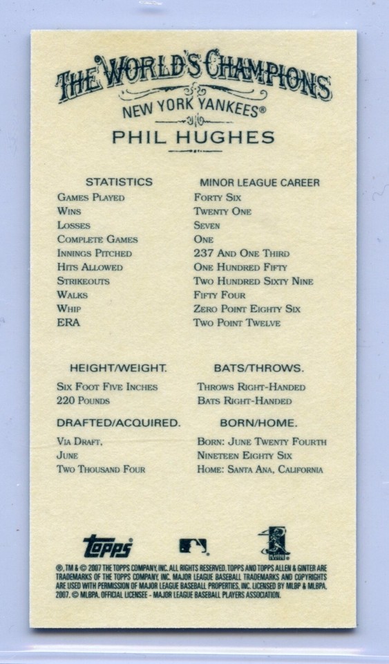 2007 Phil Hughes NYY Mini Black Border Rookie RARE No Number Allen ...