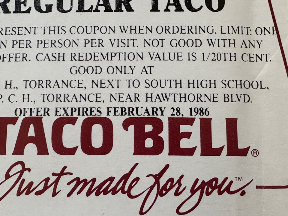 Vintage 1986 Taco Bell die cut ad coupon Torrance CA taco shaped ...