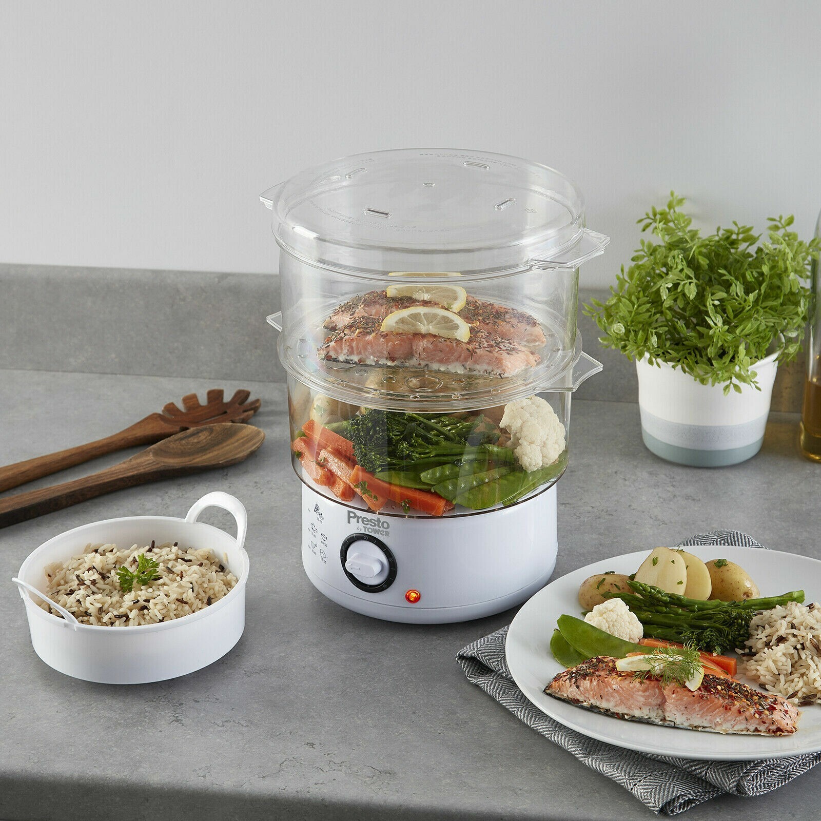 Tower Presto 2 Tier Electric Steam Cooker Vegetables Fish Chicken Rice ...