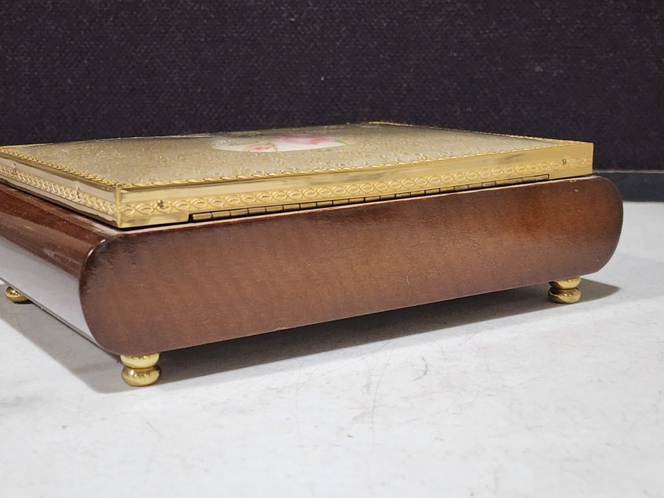 Vintage Thorens England Wood Music Box Gold Porcelain Rose Jewelry Box ...