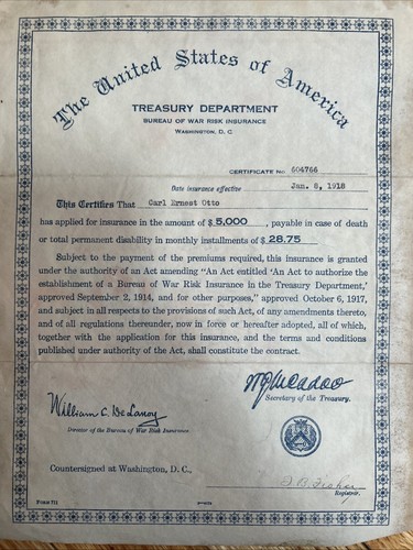1918 War Risk Insurance Document Paper Ephemera | eBay