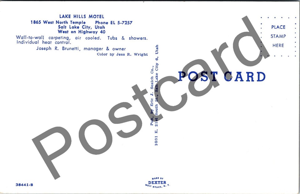SALT LAKE CITY UT, Lake Hills Motel, Joseph R. Brunetti, postcard jj124 ...