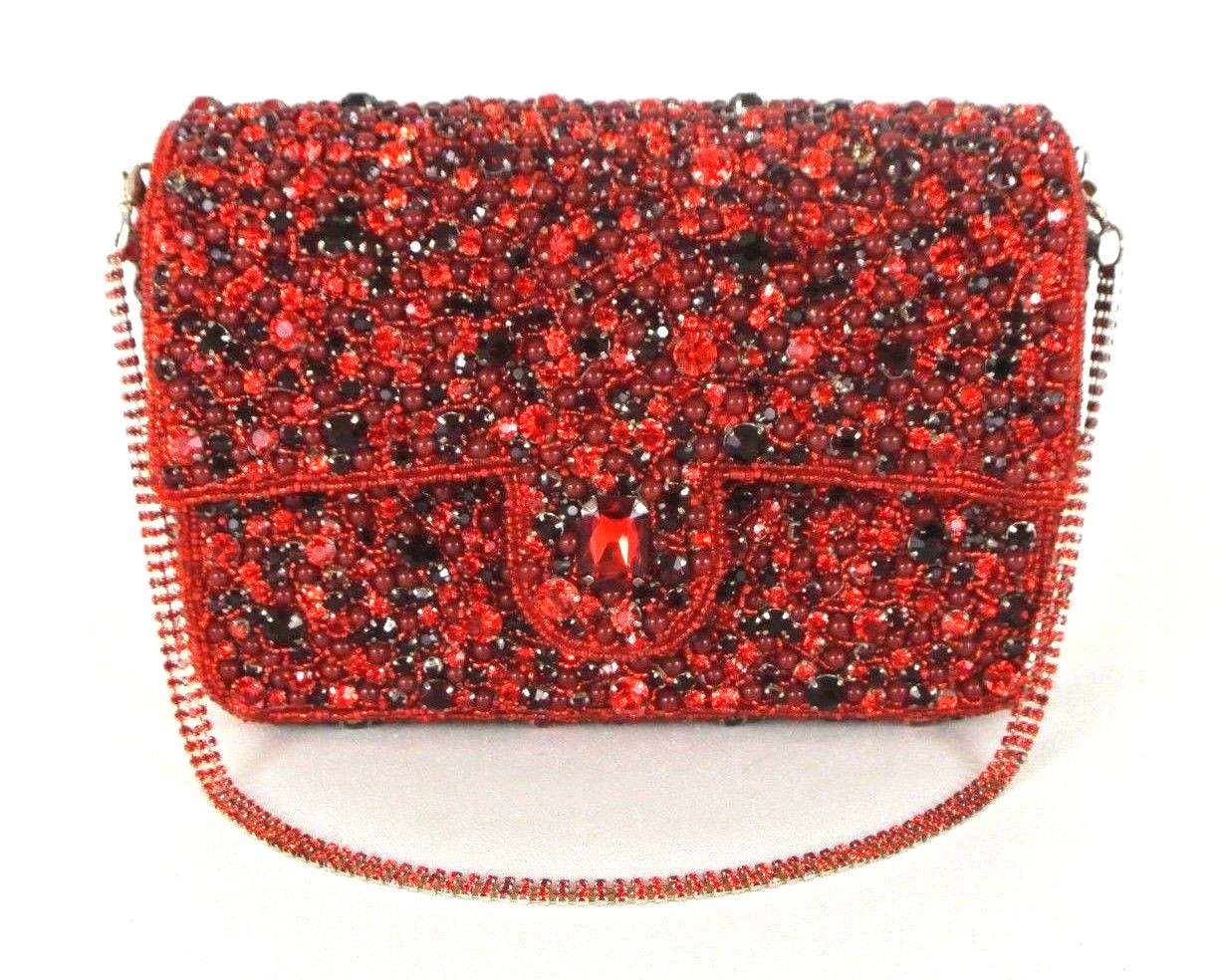 Red Clutch Purse Beaded Jeweled Embellished Evening Stones Small Amishi ...