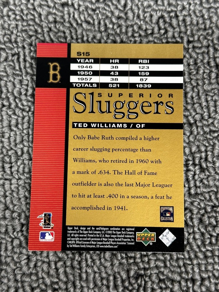 2003 Upper Deck ~ Ted Williams ~ Superior Sluggers Insert ~ S15 ~ Red ...