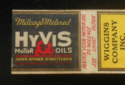 1934 Dated Mileage Metered HyVis Motor Oil Wiggins Company Portland OR ...