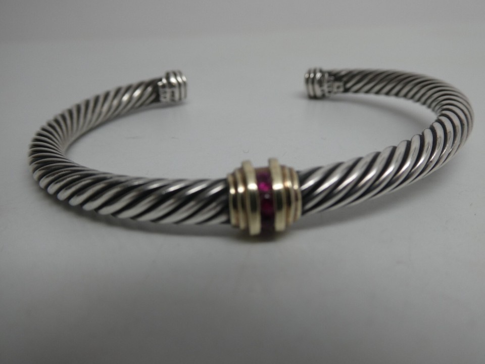 David Yurman RUBY Sterling Silver 925 & 14k YG 5mm Cuff Bracelet Size 6 ...