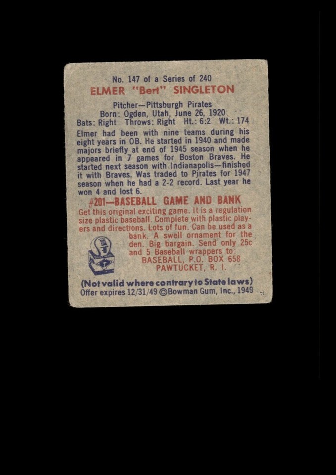 1949 Bowman Set-Break #147 Elmer Singleton VG-VGEX (crease) *GMCARDS ...