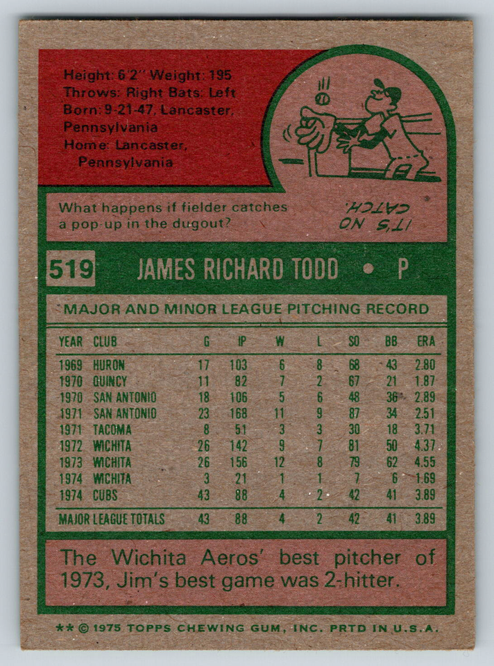 1975 Topps #519 Jim Todd Chicago Cubs RC Baseball Card | eBay