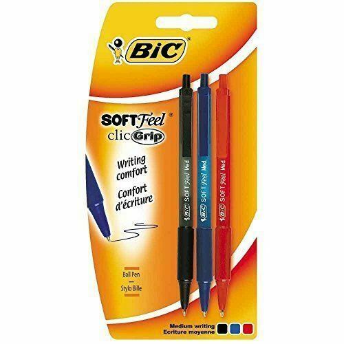 BIC Soft Feel Clic Grip Black PK 3 Retractable Ball Pen Writing Comfort ...