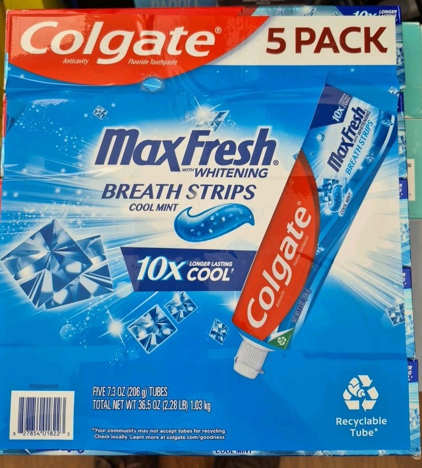 Colgate MaxFresh Toothpaste with Mini Breath Strips 5 Pack Cool Mint 7. ...