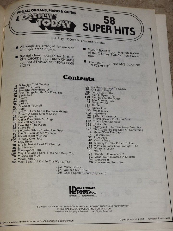 Vtg Hal leonard EZ Play Today 58 Super Hits Song Book Piano Guitar ...
