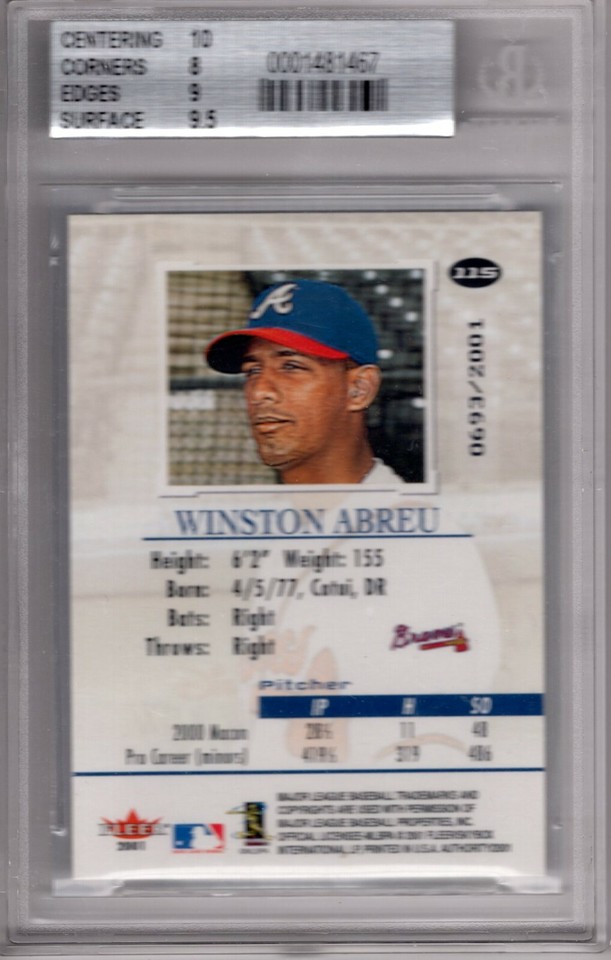 2001 FLEER AUTHORITY WINSTON ABREU ROOKIE CARD #115 BGS 8.5 ATLANTA ...