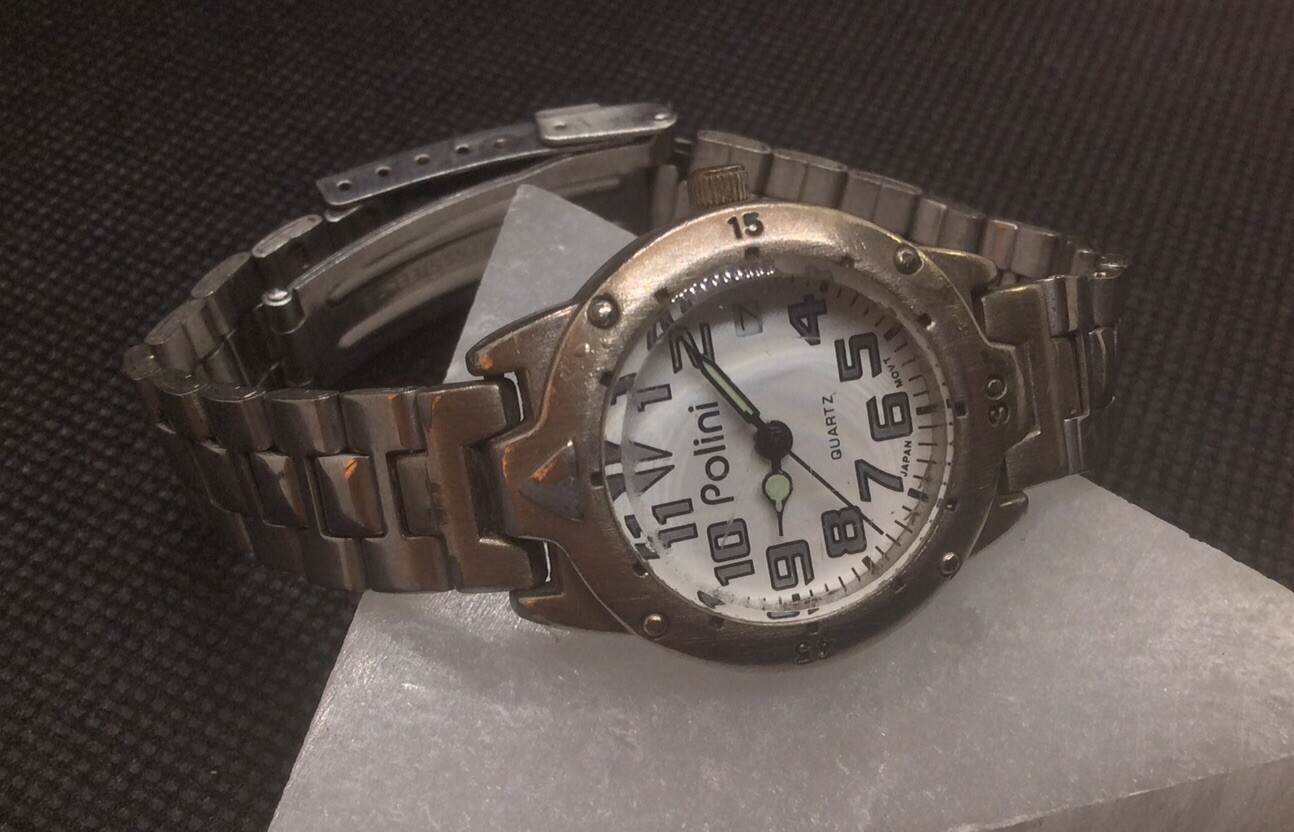 Vintage Ladies Polini Silver Tone Quartz Watch With Bracelet Band Date ...