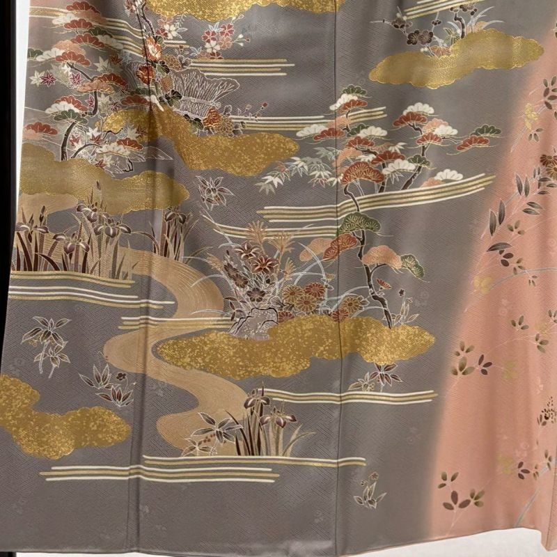 Japanese Silk Houmongi Kimono S 155cm Pink Shiki Kusa Hana Cloud ...