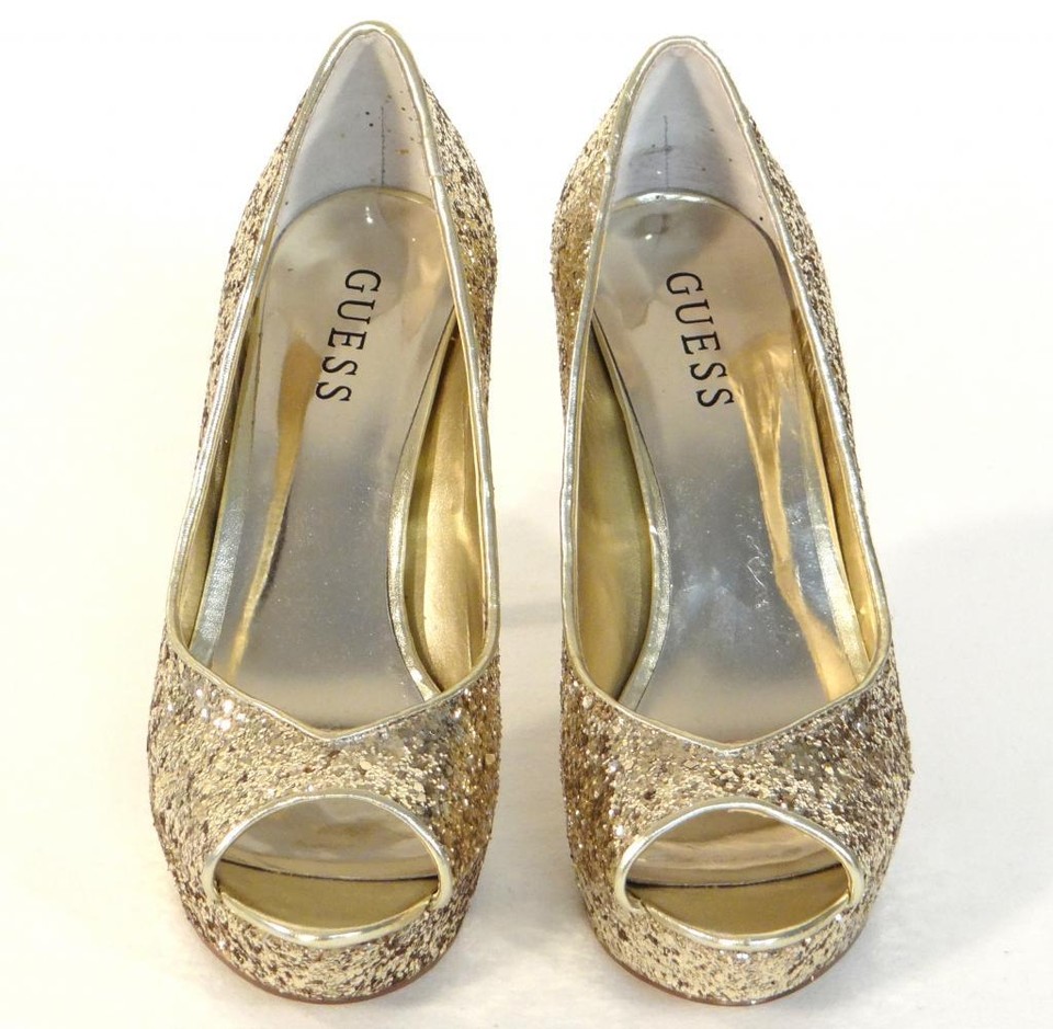 Women's Guess Gaby Gale Glitter Gold Peep Toe Platform Heels Pumps | eBay