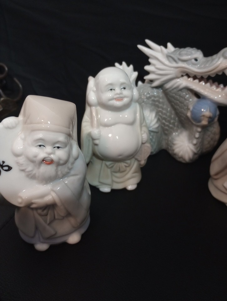 Pair of Yashimi K Porcelain Light Blue Dragon & 7 Lucky Gods Figurines ...
