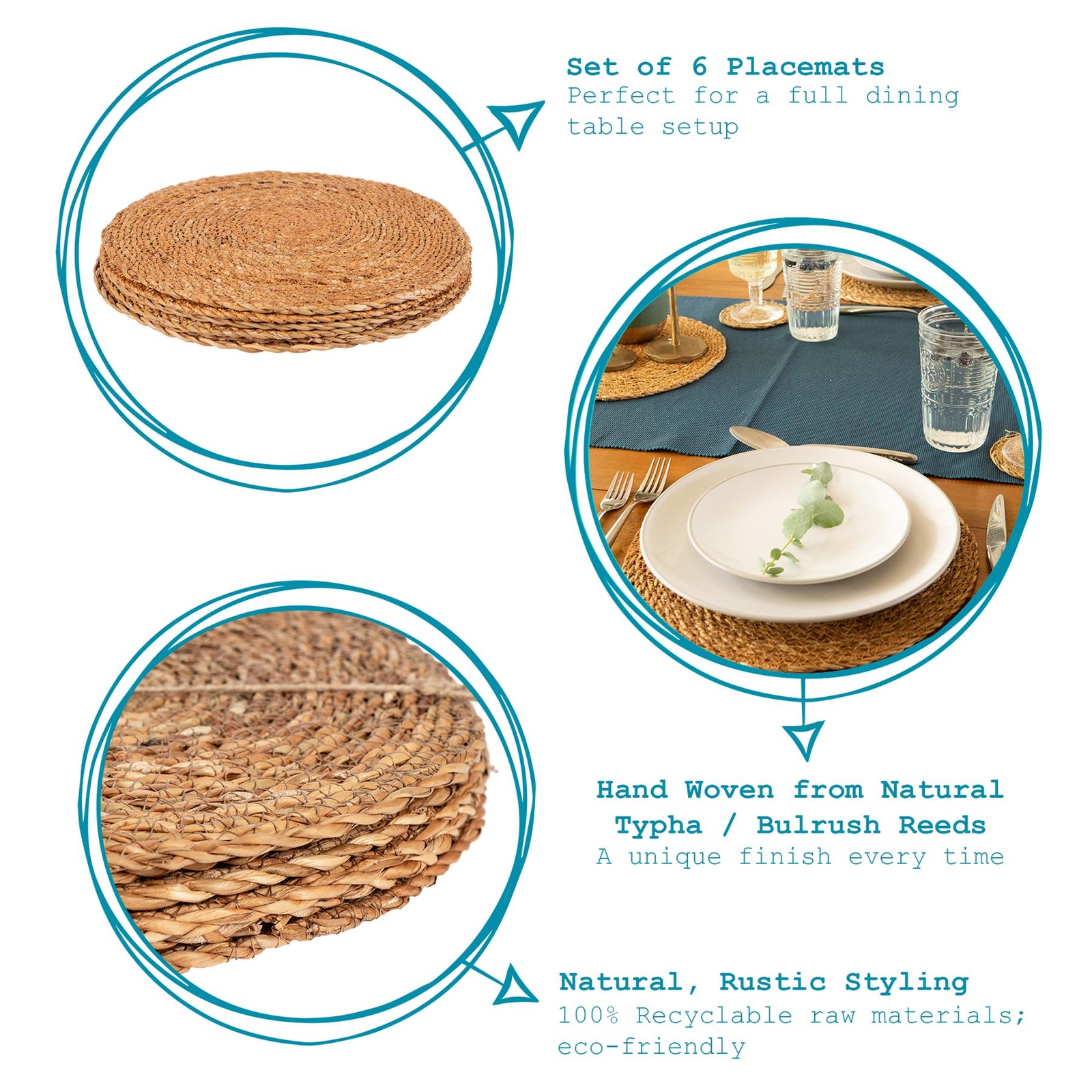 Round Straw Placemats Water Hyacinth Weave Rattan Drinks Mat - Typha ...