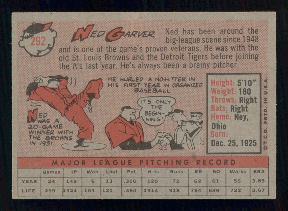 NED GARVER 1958 TOPPS 1958 NO 292 NRMINT+ 41207 | eBay