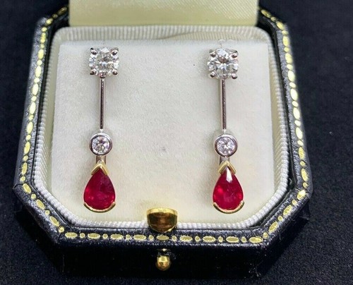 2.50 Ct Pear Cut Red Ruby Bezel Set Drop & Dangle Earrings 14k White ...