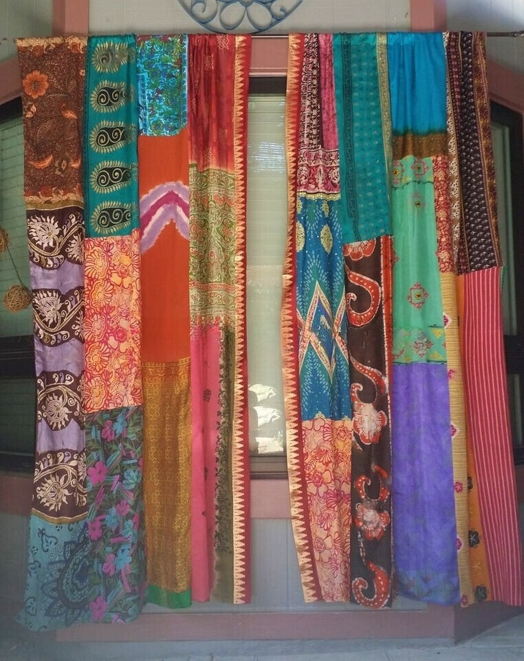 2 Pcs Indian Sari Patchwork Curtain Drape Window Decor Multi Silk Sari ...