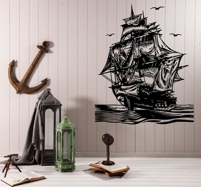 Vinyl Decal Wall Sticker Seagoing Ship Sail Sea Waves Nautical Decor ...