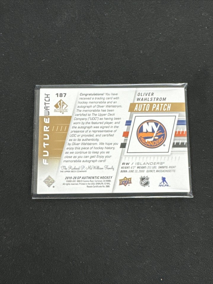19/20 UD SP Authentic #187 Oliver Wahlstrom Future Watch Auto Patch ...