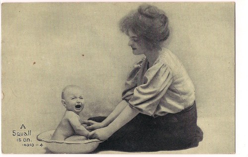 A SQUALL IS ON New Mother Bathing Crying Baby 1907 B&W Postcard Humor ...