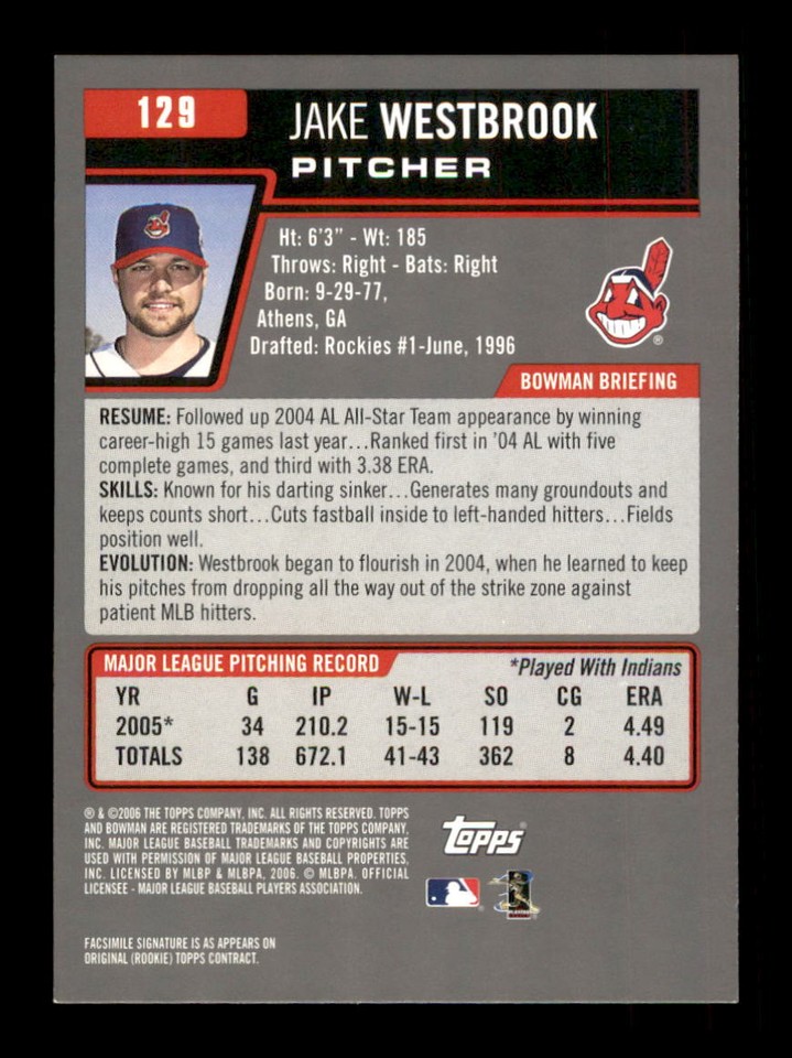 2006 Baseball Bowman Jake Westbrook Cleveland Indians #129 Gold2 | eBay