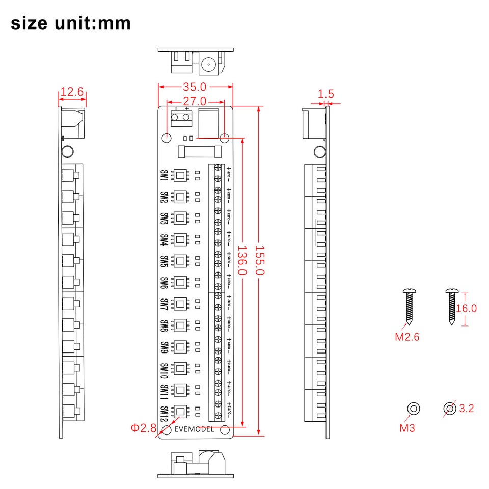 Evemodel 3V-24V DC Power Distribution Module 12 Channel Individual ...