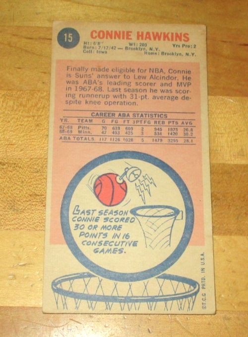 1969 Topps Basketball #15 Connie Hawkins Rookie Card - Very Good ...