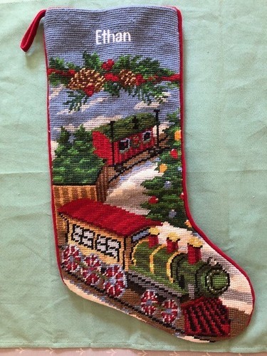 needlepoint - lined Christmas stocking, back is red velvet - ETHAN | eBay