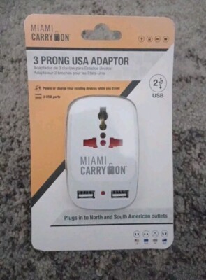 Miami Carry On 3 Prong USA Adaptor w/ 2 USB Ports for North & South ...