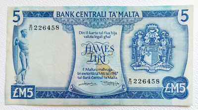 Banknote 5 Pound/Lira Bank Centrali Ta`Malta 1967. Zustand unc. | eBay